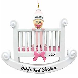 Personalized Baby in a Crib First Christmas Ornament (Standing Baby in a Crib - Pink)