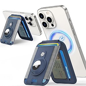 Amzone Mag-Safe with AirTag Holder,Magnetic with Adjustable Stand, Mag-Safe Phone for iPhone 15/14/13/12 Series,7 Card Slots,Vegan Leather (Indigo Blue)