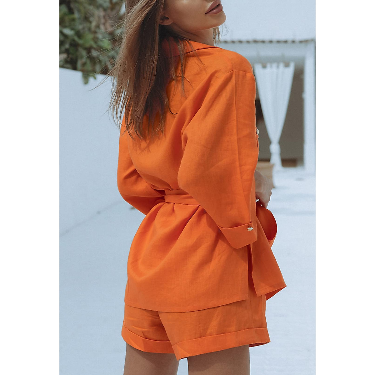 Fixmatti Womens Button Down Shirt and Shorts Set V Neck Half Sleeve Belted Sweatsuits Linen Outfits Orange M