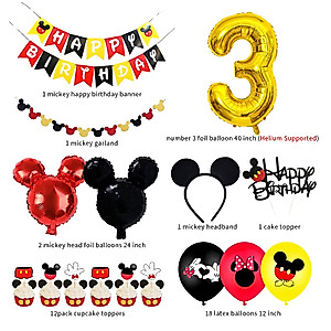 Mickey 3rd Birthday Party Supplies, Mickey 3 Years Old Decorations for boys Three Birthday Decor Red Yellow Black Balloon Banner Number 3 Foil Balloons Mouse Ears Headband for Kids… (black red 3rd)