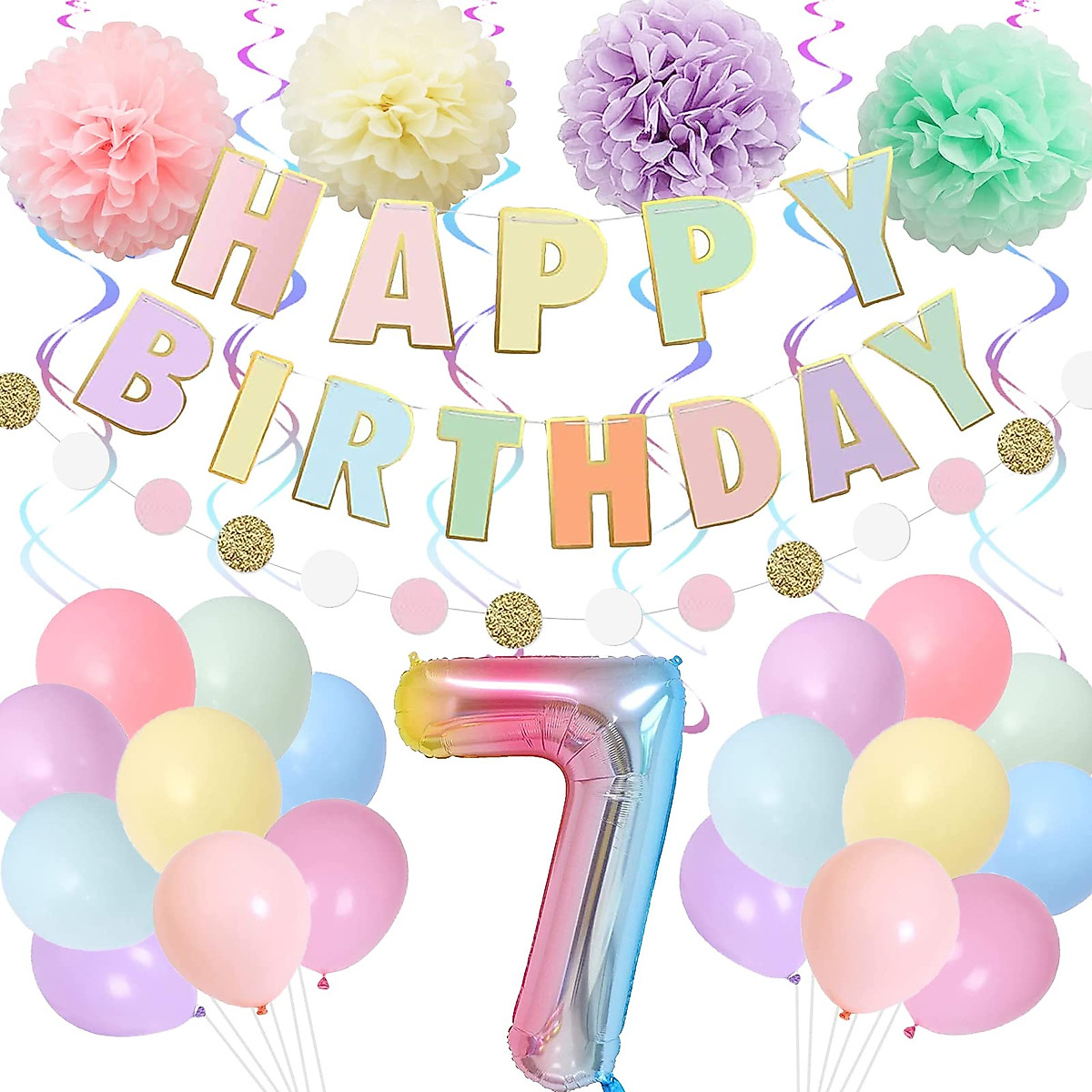 BRT Bearingshui 7th Birthday Decorations, 40 Inch Rainbow Gradient Number 7 Balloon, 7th Birthday Balloon, Happy Birthday Banner, Children’s 7th Birthday Party Supplies for Kids