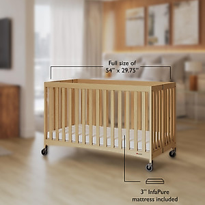 Foundations Travel Sleeper Full-Size Wooden Folding Crib, Portable Baby Crib with 3” InfaPure Foam Crib Mattress and Commercial Grade Casters, Hotel Crib (Natural)