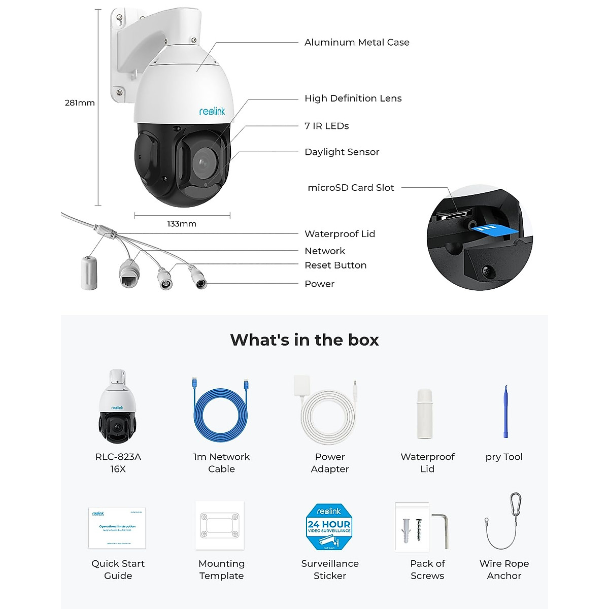 REOLINK 4K PTZ Security Camera System, 360 Degree View PoE Camera with 16X Optical Zoom for Outdoor Surveillance, Auto Tracks Human/Vehicle/Pet, Two-Way Talk, 260ft IR Night Vision, RLC-823A 16X