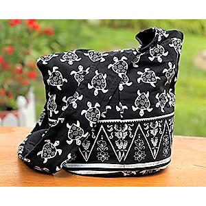 Fully Lined Sea Turtle Crossbody Sling Bag - Front Zippered Pocket - Handmade Bohemian Thai Hippie hobo Shoulder Cotton Purse - Medium - Black and White (Black and White)