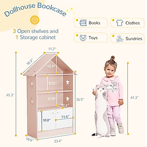 Curipeer Kids Dollhouse Bookshelf, Large Wooden Kids Bookshelf and Toy Storage with Doors, 3-Tier Open Display Organizer and 1-Tier Hidden Storage Dollhouse Bookcase for Ages 3-7, Pink