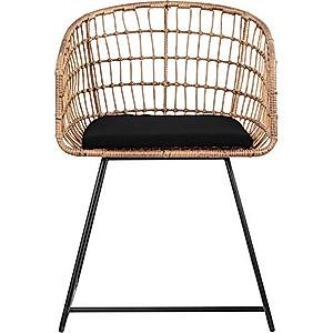 Tommy Hilfiger Graham Rattan Dining Chair, Woven Wicker Armchair with Seat Cushion Black Durable Metal Legs, Boho Modern Accent Lounge Furniture, Natural