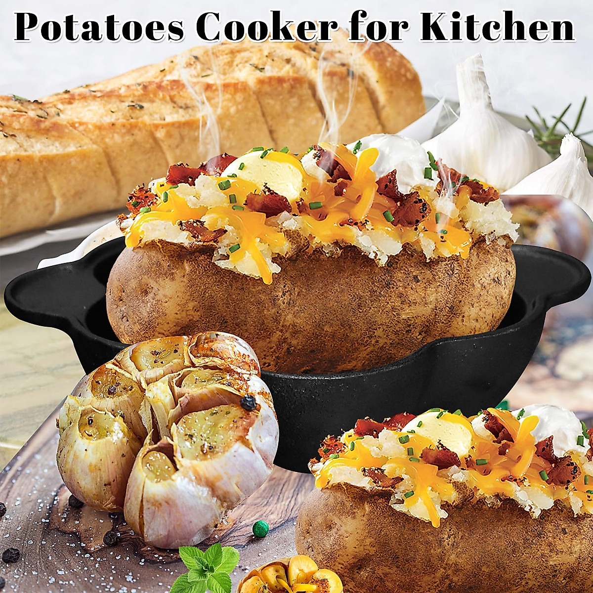 BOLVOUD Pre-Seasoned Cast Iron Dutch Oven Pot – Perfect Garlic Roaster and Potato Baker for Kitchen Oven or Outdoor BBQ Grill – A Must-Have Cast-Iron Ramekin Pot with Lid