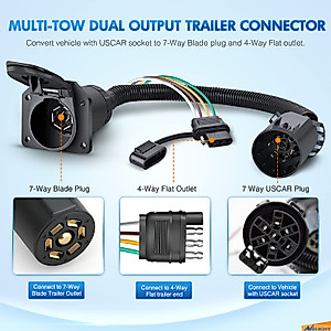 Nilight Dual Output Vehicle Side 7 Way RV Blade and 4Way Flat Wiring Harness Multi Tow 4Pin to 7Pin Electric Adapter for RVs Trucks Factory Tows Package USCAR 7Way Sockets Required