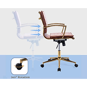 EALSON Modern Leather Office Chair Comfortable Home Office Desk Chair with Wheels and Arms Gold Base Conference Chair Ergonomic Computer Task Chair Adjustable Swivel Chair, Brown