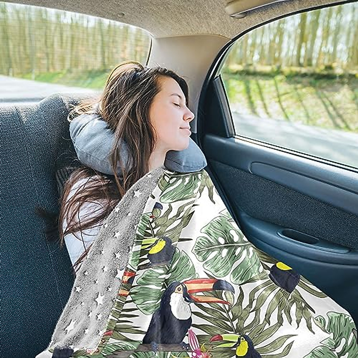 Joko Ivery Tropical Palm Leaves Birds Premium Soft Travel Blanket Pillow Airplane Blanket with Hand Luggage Belt & Backpack Clip Airplane Essentials 2 in 1 for Airplane Train Bus Car
