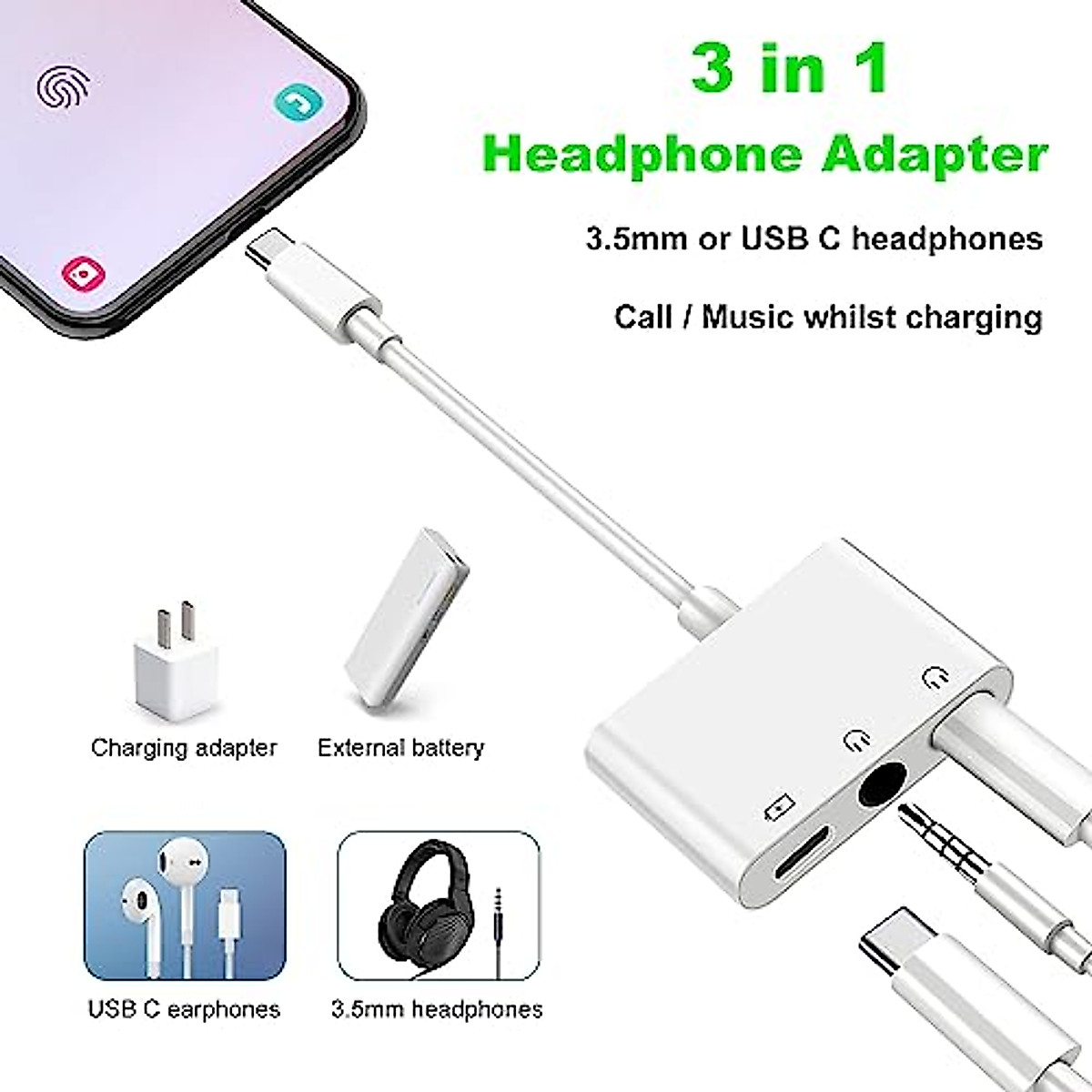 USB C to 3.5mm Headphone and Charge Adapter 3-in-1 Type C to Dual Audio Jack Splitter with Fast Charging Compatible with iPad Pro Samsung Galaxy S23 Ultra S22 S21 S20 S20+ Note 20 Pixel 7