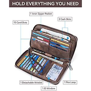 BOSTANTEN Leather Wallets for Women RFID Blocking Zip Around Credit Card Holder Phone Clutch, Deep Coffee