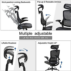Office Chair Ergonomic Desk Chair - Leather Cushion Mesh High Back with Lumbar Support Computer Chair, Adjustable Flip Up Arms, Home Office Desk Chair