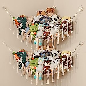 iKeelo Stuffed Animal Storage Hammock(2 Pack), Nursery Hanging Organizer for Teddy Bears and Plush Toys, 55x40x40in Large Corner Stuffy Holder for Kids Bedroom and Playroom