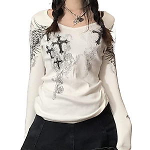 Y2K Fairy Grunge Long Sleeve Top Graphic Print Crop Top Tee Vintage Rhinestone Slim Fit Tee Shirt(ZCC-White,S)
