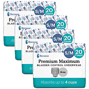 Because Maximum Incontinence Underwear for Men - Heavy Bladder Leak Protection, Ideal for Overnight Leakage, Sleek, Invisible Fit, Grey, Small/Medium -Absorbs 4 Cups - 80 Count (4 Packs of 20)