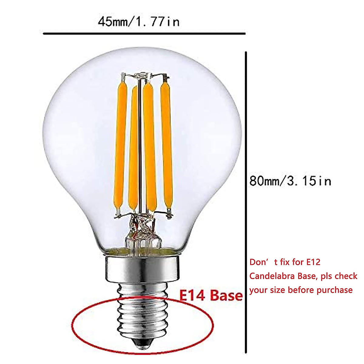 Lxcom Lighting E14 4W LED Filament Bulb Dimmable Vintage Edison Candle Light Bulb 4 Pack 2700K Warm White G45 Clear Glass Globe Lamp 400LM 40W Equivalent, AC 110V