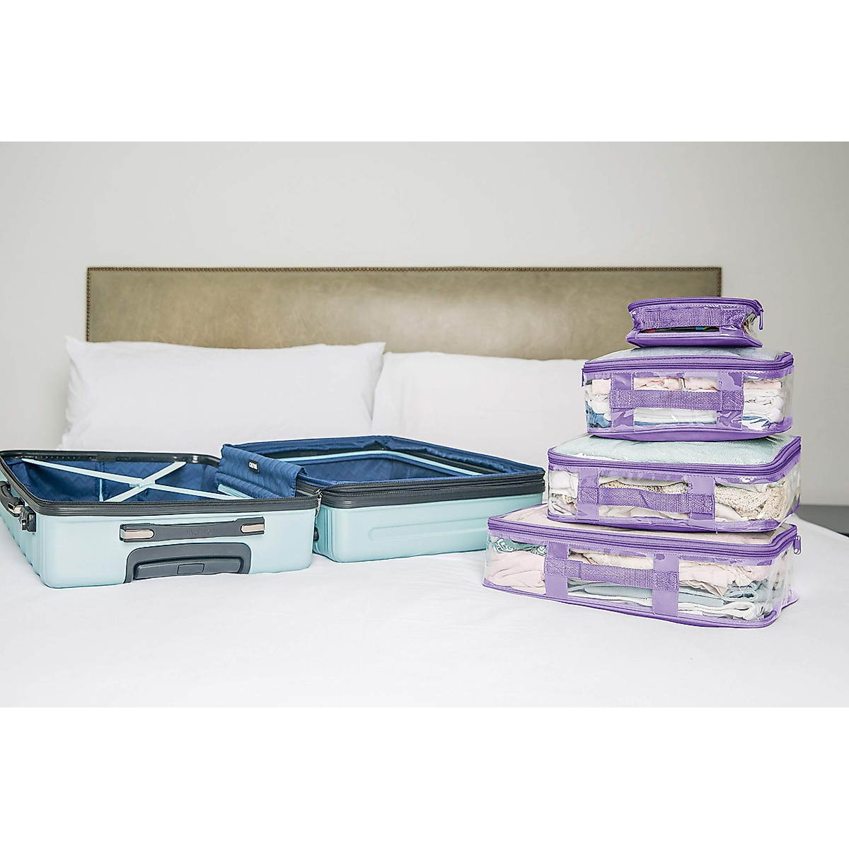 Clear Travel Packing Cubes Set of 4 for Carry On (XS, Small, Medium, Large) / See-Through Clothes Organizer Dividers for Suitcase/Transparent Vinyl PVC Cell Pouches for Luggage (Lilac)