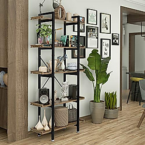 SEISSO 5 Tier Bookcase, Open Bookshelf Metal Shelving Unit Etagere Bookcase Solid Tube Wood Shelves Rustic Bookshelf Modern Style Bookcase Furniture for Home Office Living Room 37" x 31.5" x 11.8"
