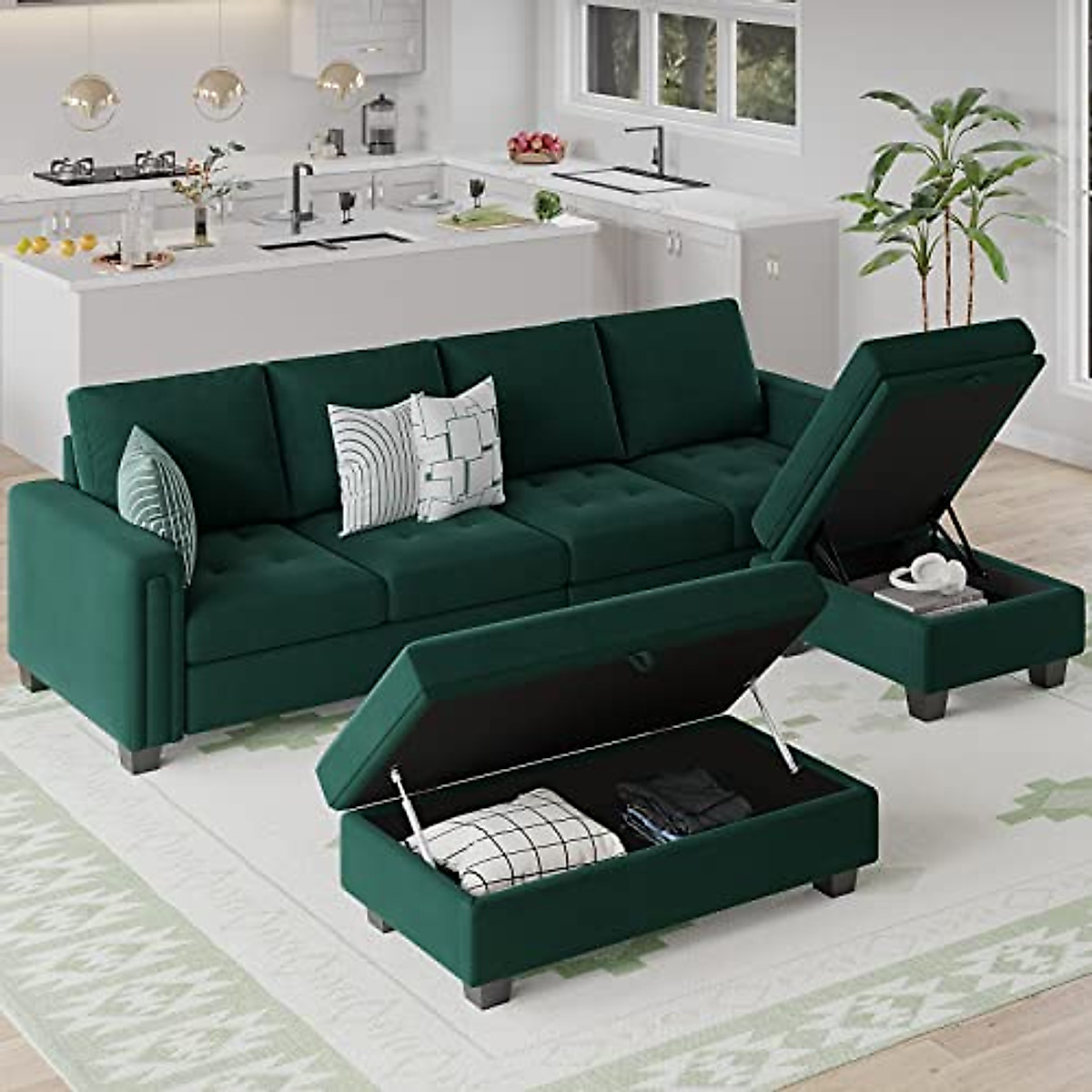 Belffin Velvet Convertible 4-Seat Sectional Sofa with Reversible Chaise L Shaped Sofa Couch Furniture Sets Sectional Couch with Storage Ottoman Green