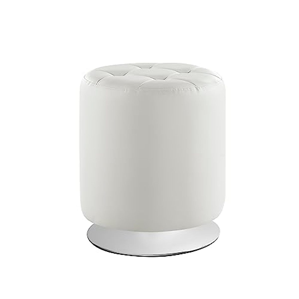 Linon White Sikes Faux Leather Tufted Swivel Ottoman with Chrome Base