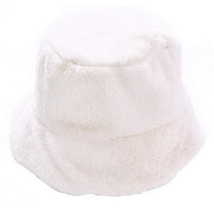 Women Winter Plush Bucket Hat Warm Solid Color Faux Fur Fisherman Cap White