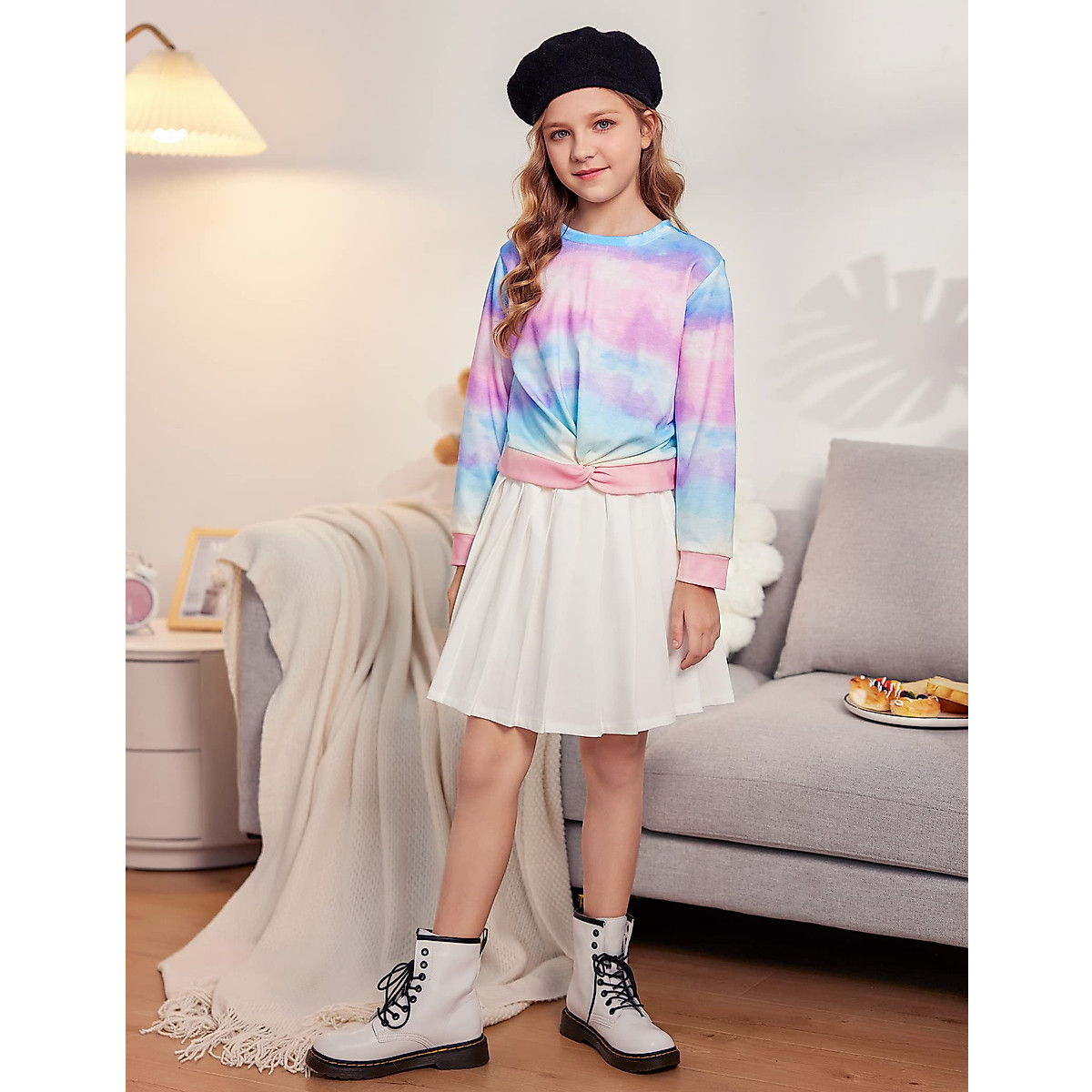 Arshiner Girls Casual Twist Front Light Weight Sweatshirt Tie Dye Printed Long Sleeve Crop Tops Pullover Size 11-12 Years