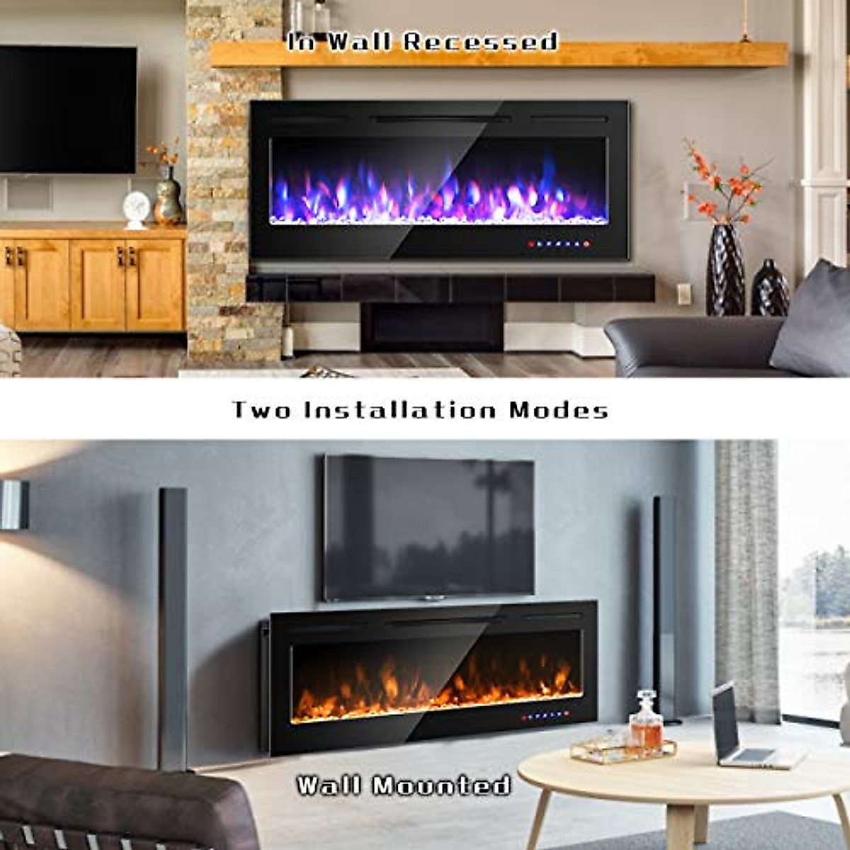 COSTWAY 50-Inch Electric Fireplace, 750W/1500W Wall Recessed and Mounted Fireplace Insert with Remote Control, 9 Flame Colors, 5 Brightness Settings, 8 H Timer, Fireplace Heater for Indoor Use