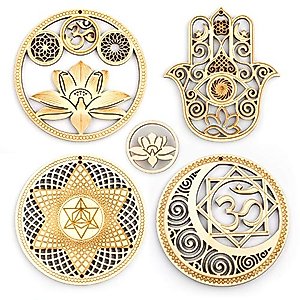5.31" Sacred Geometry Wall Art 4 PCS Set, (Sacred Lotus, Hamsa Hand, Soul Star, Union Sun Moon) Crystal Grid Meditation Chakra Wooden Wall Art Yoga Decor Spiritual Gifts