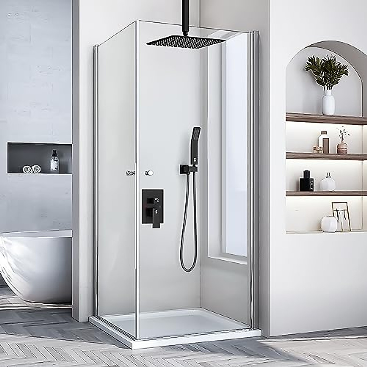 SR SUN RISE 12 Inch Ceiling Mount Matte Black Shower System Bathroom Luxury Rain Mixer Shower Combo Set Ceiling Rainfall Shower Head System Faucet Trim Repair Kits Rough-in Valve and Trim Included