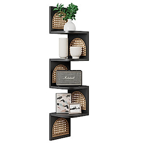 ENPKLUTE 4-Tier Corner Floating Shelves - Black Corner Shelf Wall Mounted, Rattan Wall Corner Shelf, Floating Corner Shelves for Wall, Zig Zag Corner Wall Shelf for Bedroom, Bathroom & Living Room