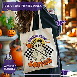 Personalized Halloween Canvas Tote Bags - Custom Name Trick or Treat Candy Totes with Pumpkin, Witch, Black Cat, Castle, Skeleton, Ghost, Reusable 15"X16" Gift Bag