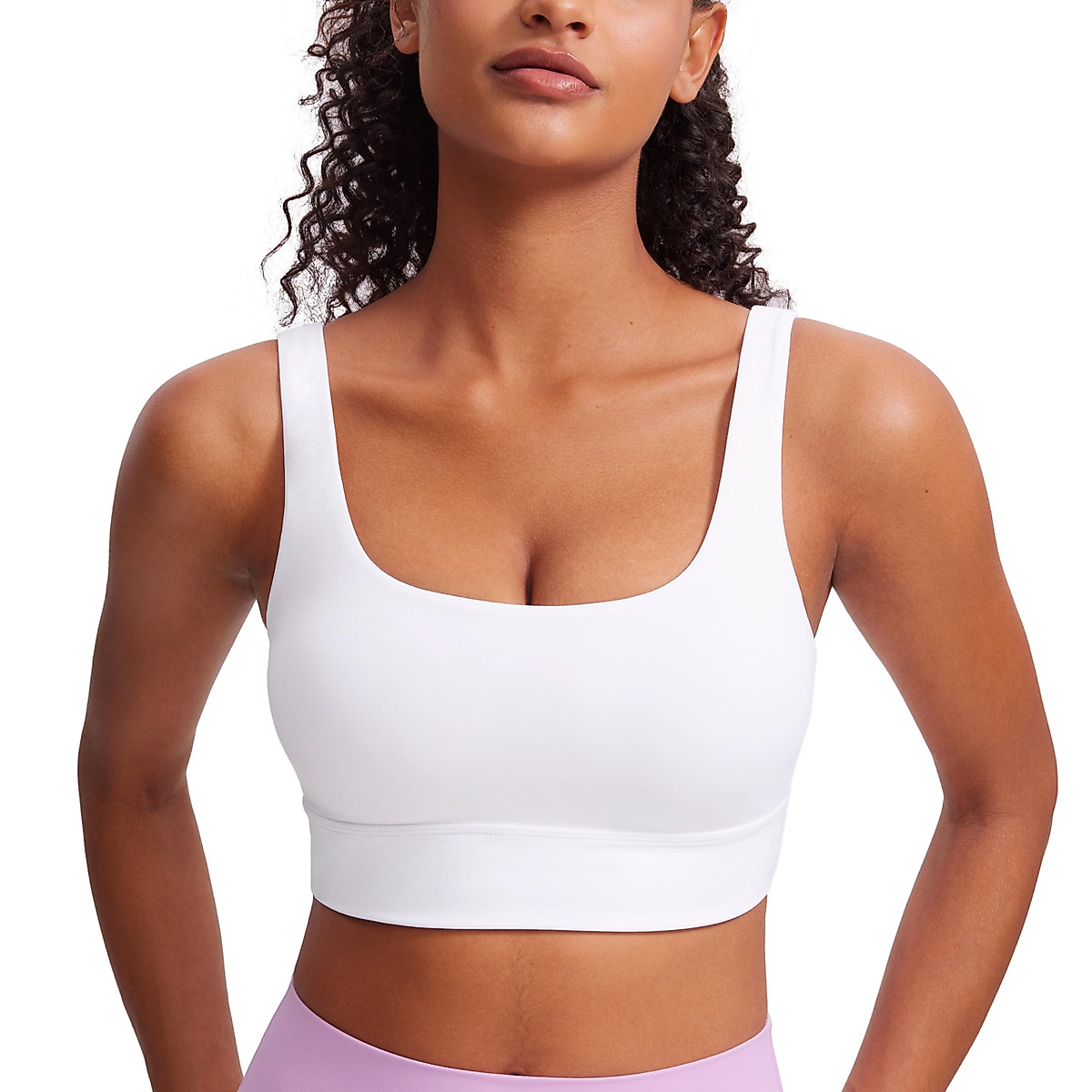 CRZ YOGA Butterluxe Womens U Back Sports Bra - Scoop Neck Padded Low Impact Yoga Clothes Workout Crop Top with Built in Pads White Small