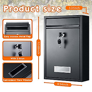 Gisafai 2 Pcs Mailboxes for Outside Wall Mount Large Donation Suggestion Box for Mailbox Postbox Letters Newspapers Rust Proof with Slot Steel, 12.68 x 8.54 x 3.31 Inch, Black(Key Lock)