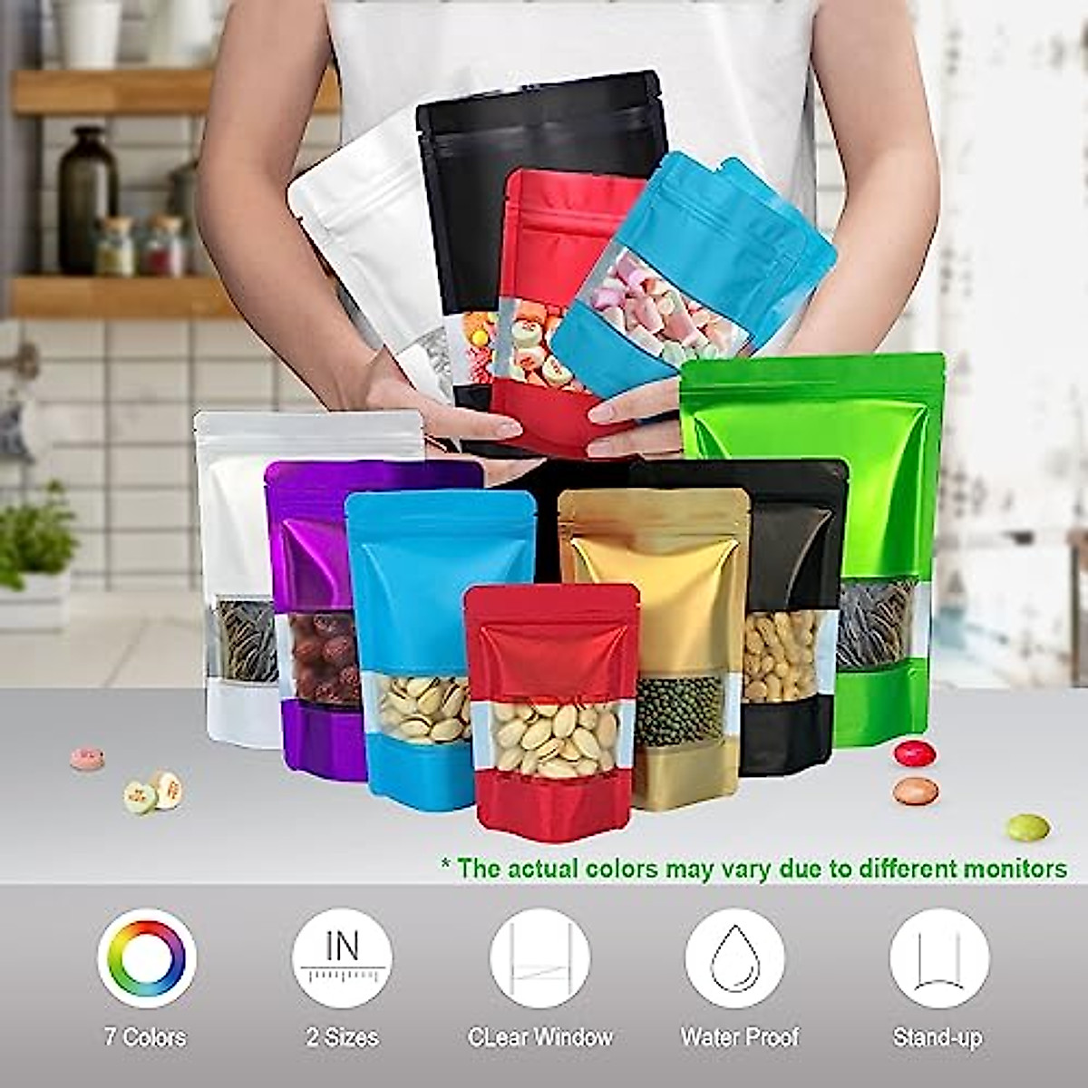 ODDIER 5.5"x7.8" 120pcs Smell Proof Mylar Bags for Food Storage, Stand-up Resealable Mylar Bags Food Storage Bags with Clear Window, Foil Pouch Stand-up Bags for Food Self Sealing Storage（Blue ）