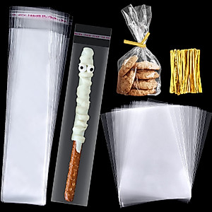 ASTARON 200 Pcs Pretzels Bags Bulk Clear Cellophane Bags for Cookies, Pretzel Bags with Ties Pretzel Rod Bags Self Adhesive for Birthday Party Treat Bags