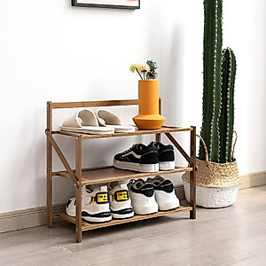Small 3-Tier Shoe Rack for Closet & Entryway, Installation-Free Foldable Bamboo Shoes Storage Organizer, Sturdy Free Standing Three Shelf Shoe Stand for 6-9 Pairs, Brown 20x18x9 Inches