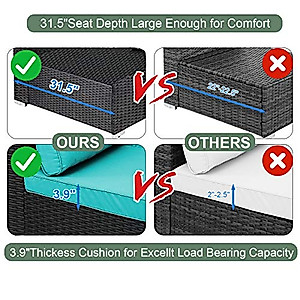 Polar Aurora 7 Pieces Outdoor Patio Sofa Set PE Rattan Wicker Sectional Furniture Outside Couch w/Blue Washable Seat Cushions & Modern Glass Coffee Table