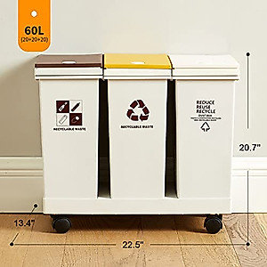 mopam Recycle Kitchen Trash Can 20L x 3 Compartment Garbage Can with Lid Total 16 Gallon/ 60L Sorting Waste Bin with Wheels Garbage Container Bin for Home Office Living Room