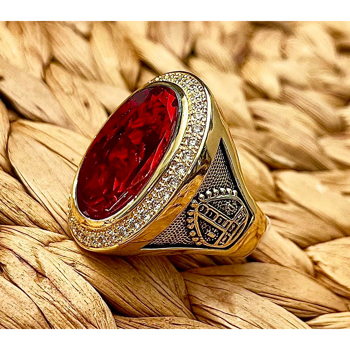 HKN1682 Designs Ruby Red Cubic Zirconia 14k Gold Plated Bishop Cross and Midre Ring Size 13
