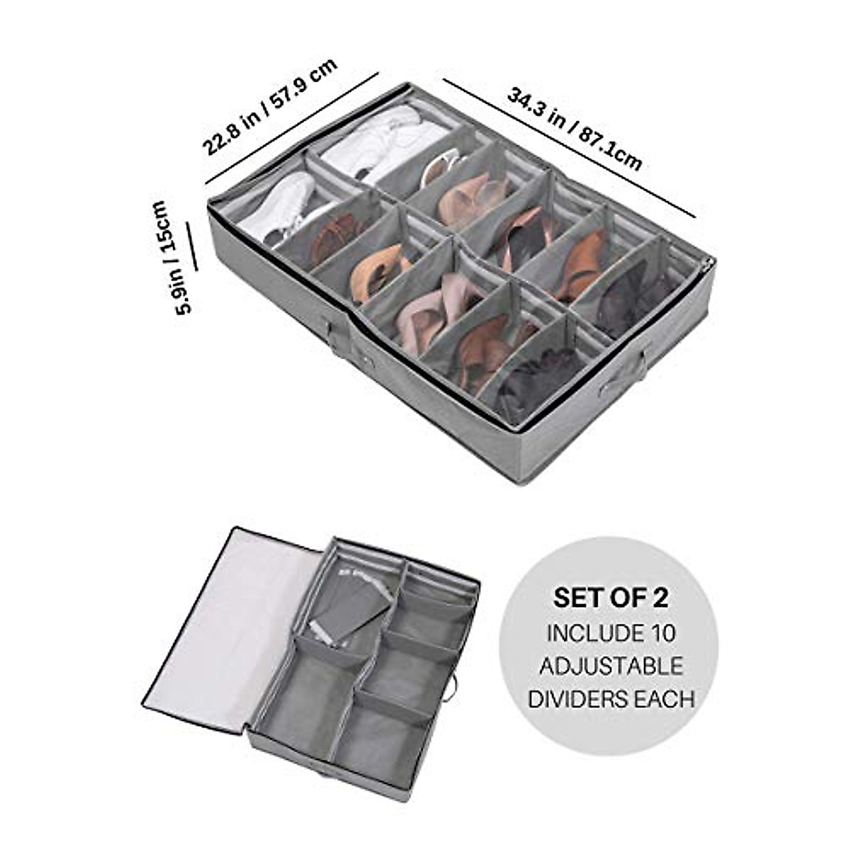 DECOLUXE Set of 2 Under Bed Shoe Organizer and Storage with Customizable Dividers up to 24 Pairs Total