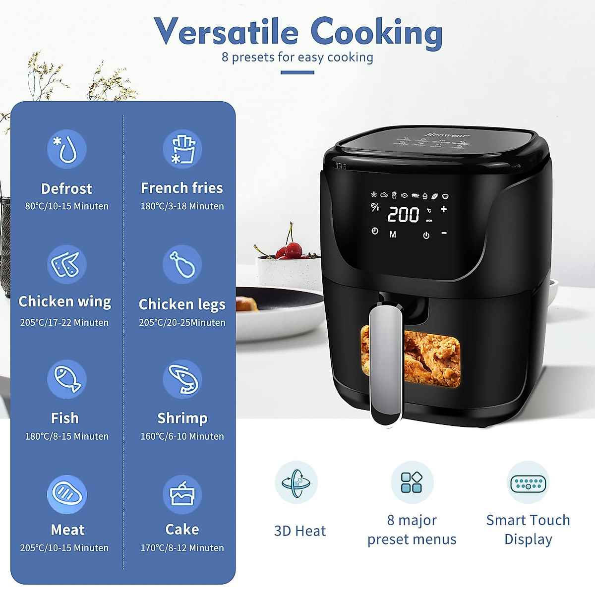 Henwenr Air Fryer 6 QT Airfryer Digital Air Fryer 8 Preset Menus Hot Air Fryer Cooker with Adjustable Temperature Control 30 Minute Timer Auto Shut Off Nonstick Tray ,1350W Air Fryer Black…