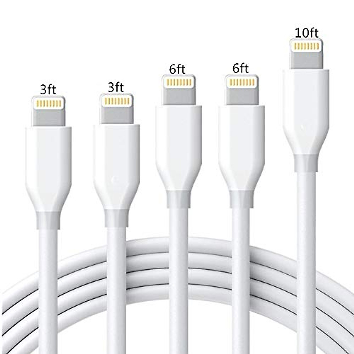 sharllen iPhone Charger Cable Lightning Cable 5 Pack[3/3/6/6/10FT] Fast Charging Cords Syncing Extra Long USB iPhone Charging Cable Compatible iPhone 11/ XS/Max/XR/X/8/8P/7/7P/6/iPad/iPod White