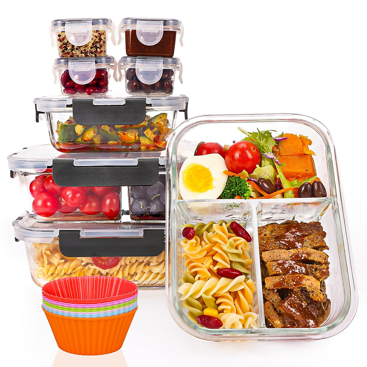 Moretoes 26Pcs (8 Food Storage Containers, 8 Lids and 10 Silicone Food Trays) Meal Prep Containers Glass Food Storage Containers with Lids, Leak-proof Sealed Storage Containers for Lunch Microwave