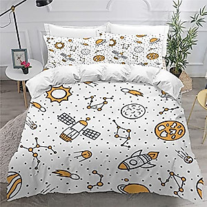 Quilt Cover Full Size Rocket, Astronaut 3D Bedding Sets Cartoon Space Duvet Cover Breathable Hypoallergenic Stain Wrinkle Resistant Microfiber with Zipper Closure,beding Set with 2 Pillowcase