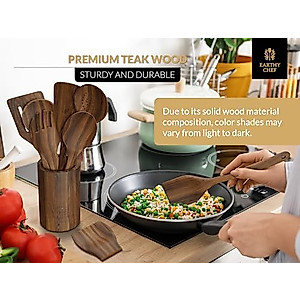 Earthy Chef wooden utensils for cooking - Premium teak kitchen utensil set - Incl. utensil holder and hanging hooks - 9-piece cooking spoon set - Non scratch & Food-grade material