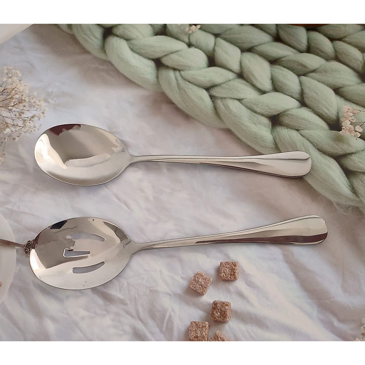 Stainless Steel Serving Spoons, Silver Large Slotted Spoons, 8.6 inch Catering Serving Utensils for Cooking Dinner Restaurant Serving Spoons (2 Pack)