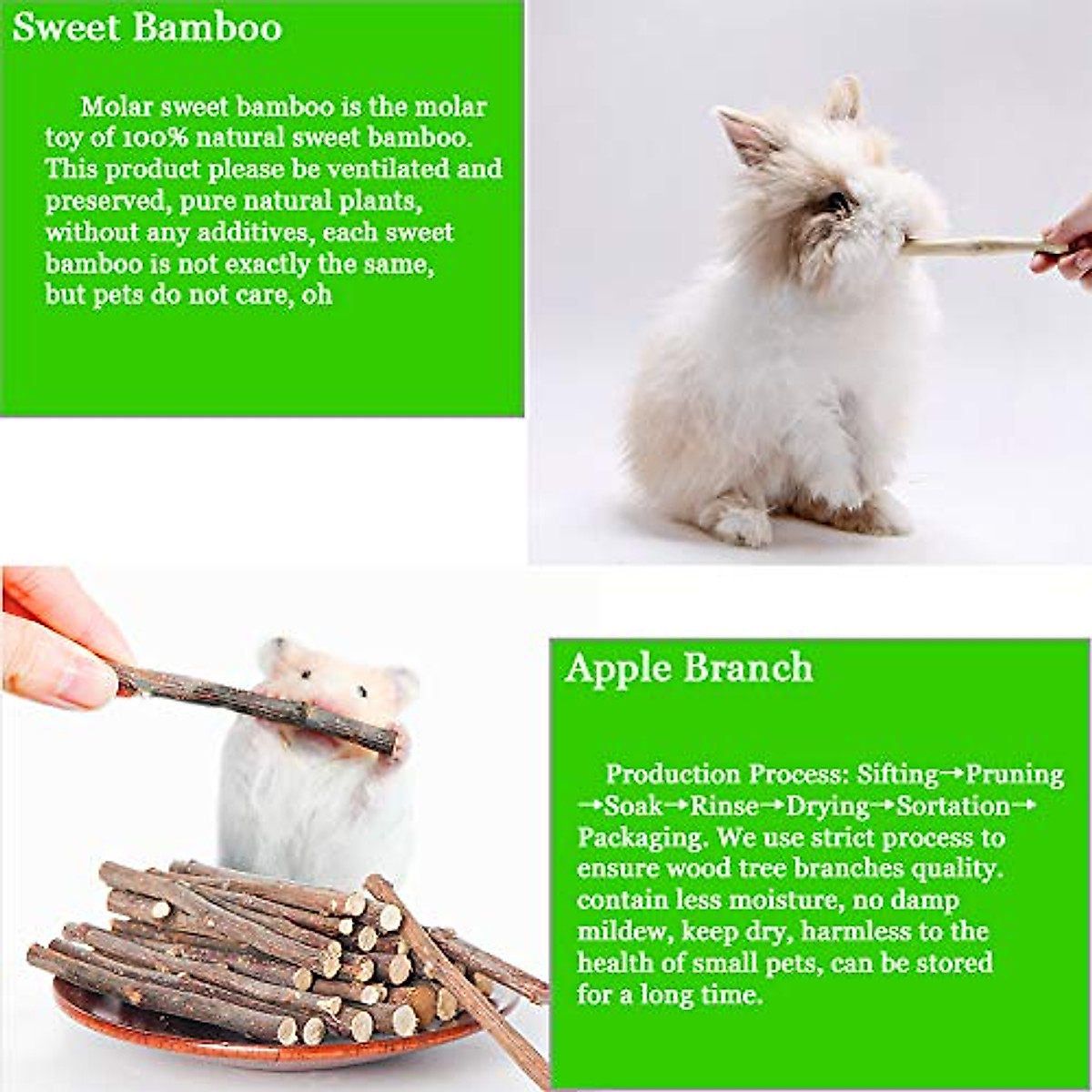 VCZONE Small Animals Chew Toys Set, 3 Types Chew Toys Snacks Sweet Bamboo Timothy Grass Apple Sticks for Guinea Pig Rabbits Hamster Chinchilla Squirrel Bunny (330g)