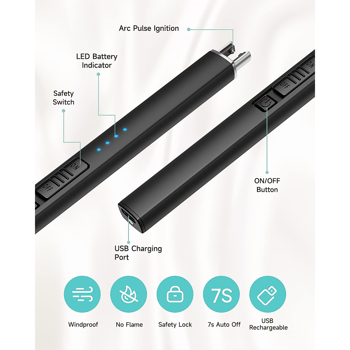 Candle Lighter, Electric Rechargeable Arc Lighter with LED Battery Display Portable USB Charging Flame-Less Windproof Lighters for Light Candles Gas Stoves Camping Barbecue(Black)