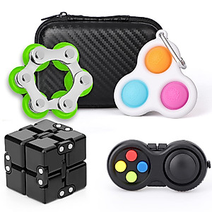 Cool Pop Fidget Toys Set, Fidget Pad Controller, Infintiy Cube, Pop Bubble, Sprocket Chain Gadget, Sensory Anti Anxiety Stress Relief Silicone Desk Toys,Party Favours Gifts for Kids Adults (4 Pack)